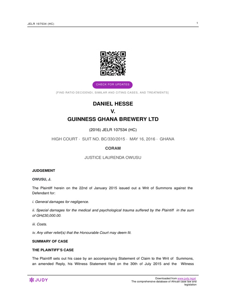 Daniel Hesse v. Guinness Ghana Brewery LTD | PDF | Negligence | Damages