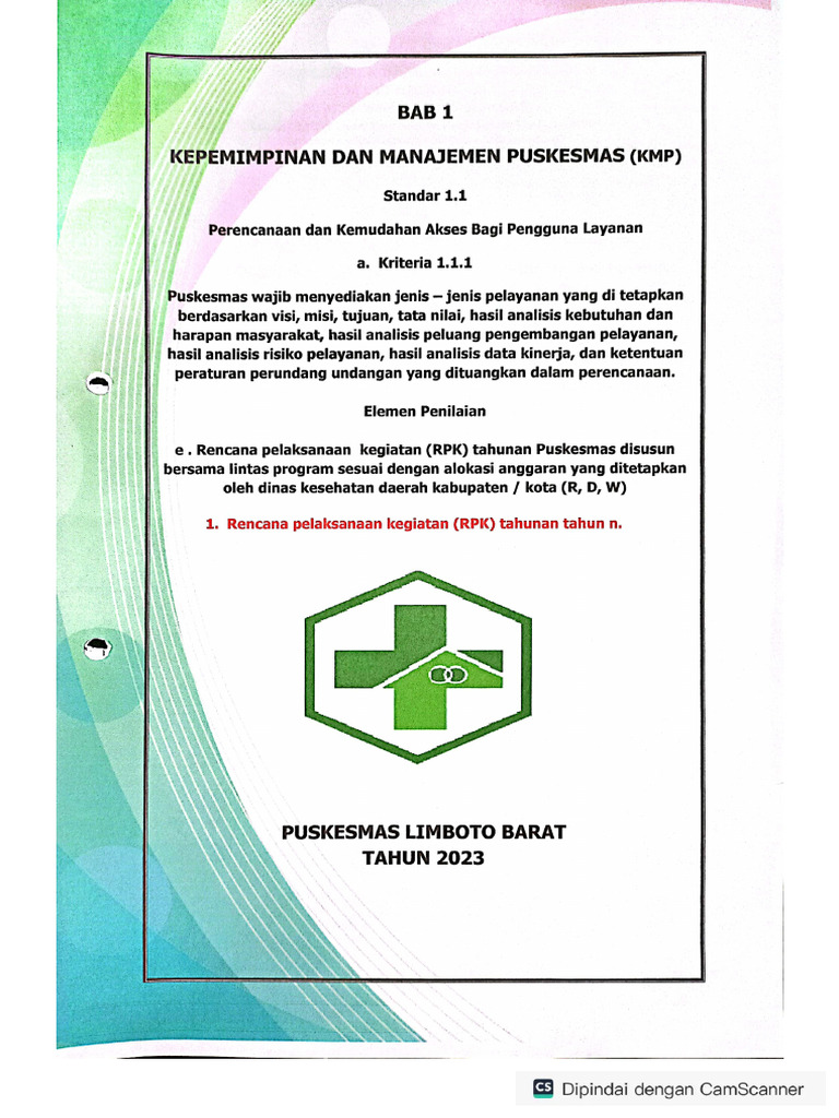 Kriteria 1.1.1 E. Rencana Pelaksanaan Kegiatan (RPK) Tahunan Puskesmas D Susun Brsma Lintas ...