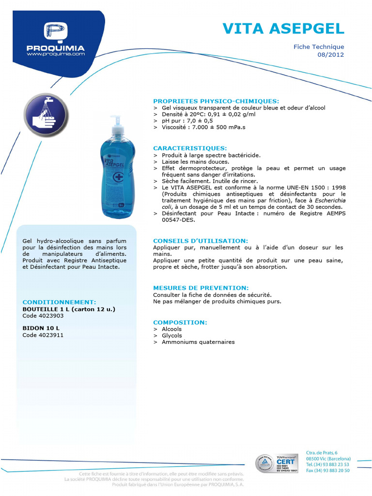 Gel désinfectant VITA ASEPGEL 1L | PDF | Chimie | Substances chimiques