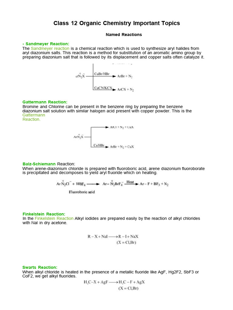 Class 12 Organic Chemistry Important Topics: - Sandmeyer Reaction | PDF