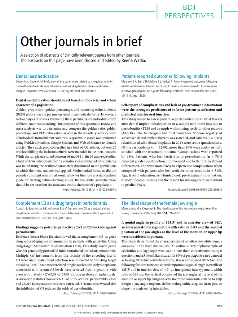 Other Journals in Brief: Dental Aesthetic Ratios Patient-Reported ...