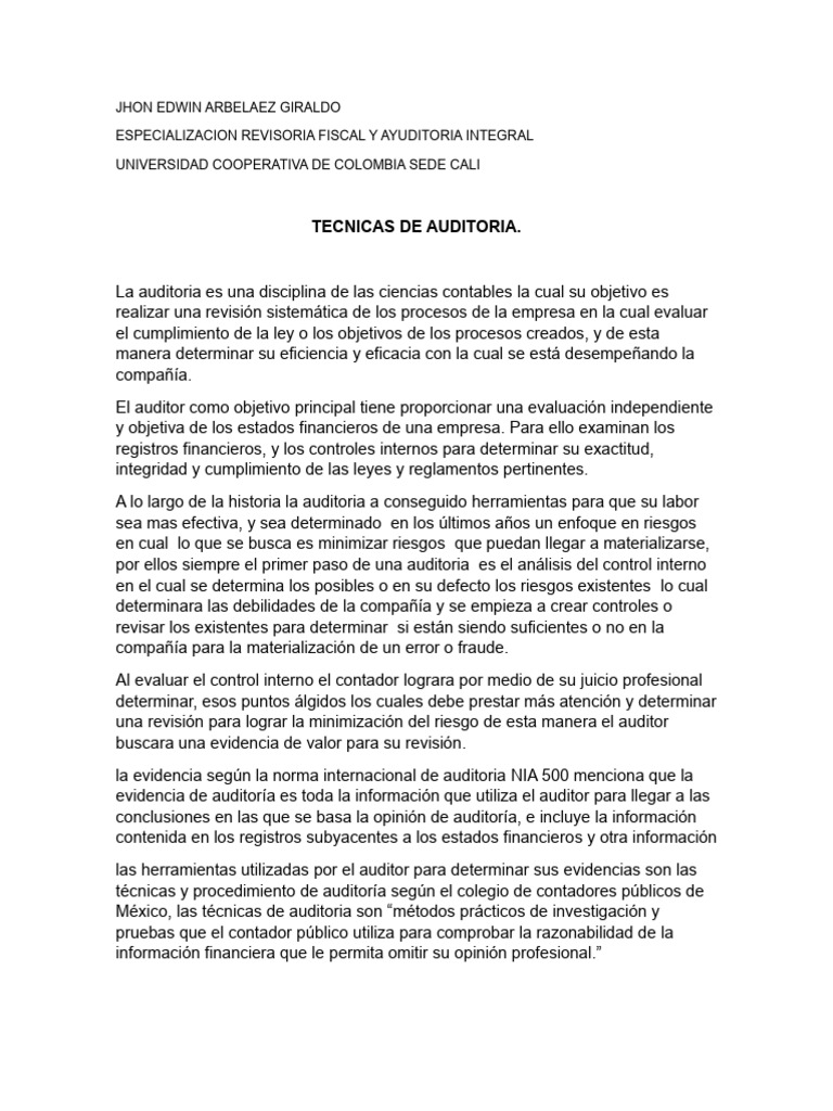 Tecnicas de Auditoria | PDF | Auditoría | Contralor