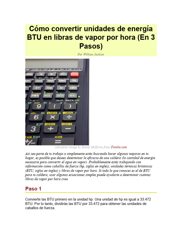 C mo Convertir Unidades De Energ a BTU En Libras De Vapor Por Hora PDF