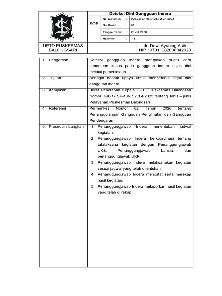 Sop Deteksi Dini Gangguan Indera | PDF