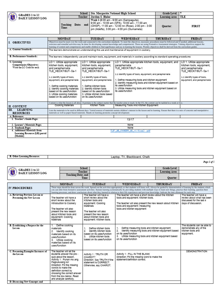 Kitchen Tools and Equipment Lesson Plan | PDF | Teachers | Learning