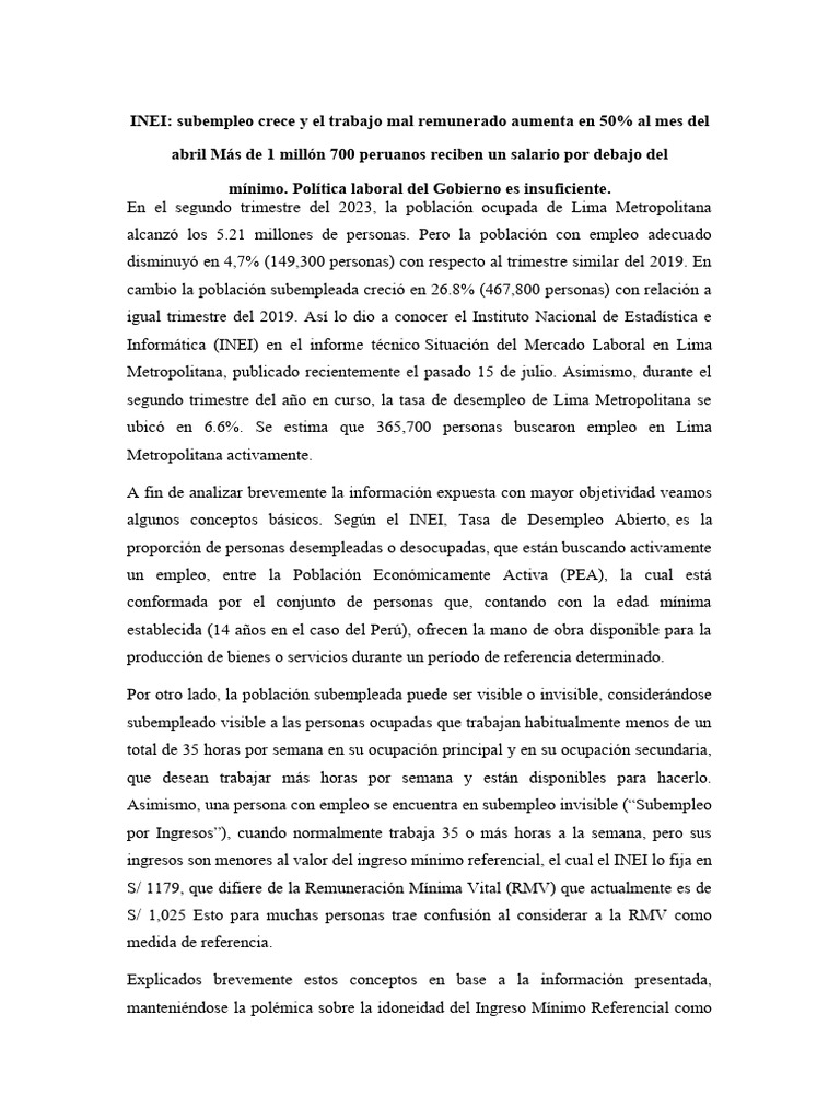 Micro Tarea | PDF | Desempleo | Subempleo