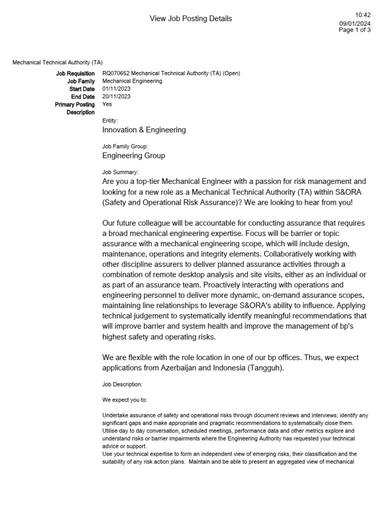 Mechanical Technical Authority - JD | PDF | Engineering | Employment