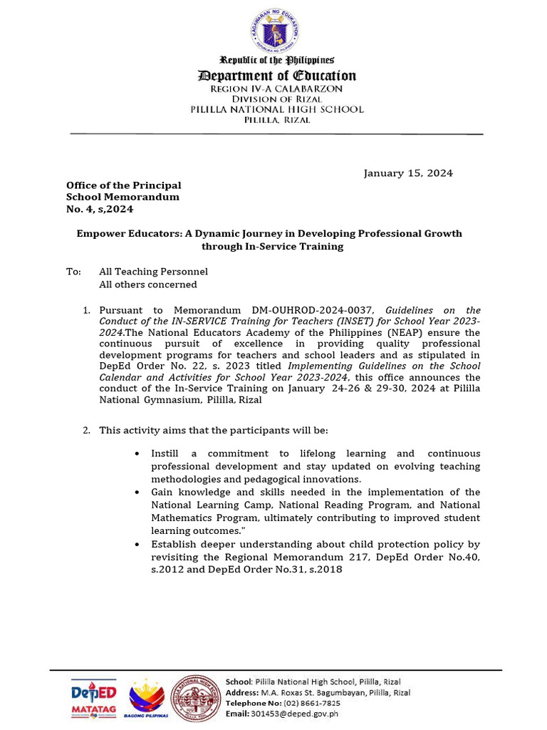 School Memo No.4s.2024 Inset 2024 | PDF | Teachers | Pedagogy