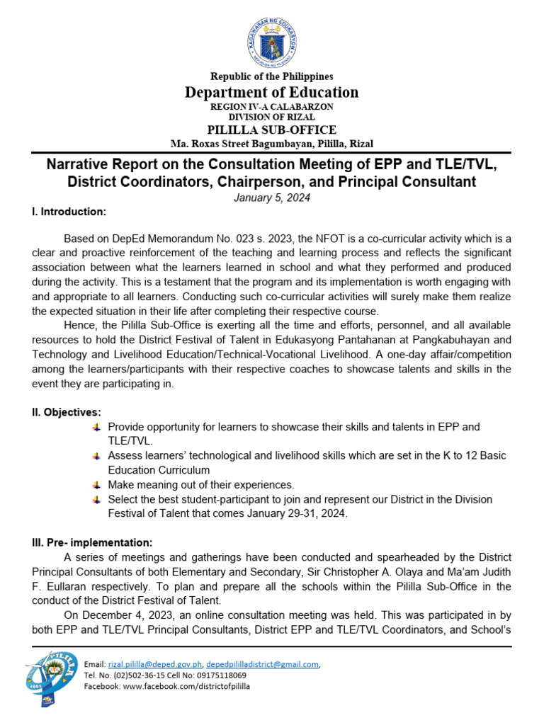 Narrative Report On Consultation Meeting of EPP and TLETVL District Coor | PDF | Social Science ...