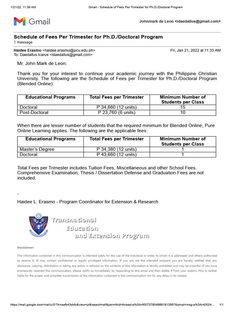 Gmail - Schedule of Fees Per Trimester For Ph.D. - Doctoral Program ...