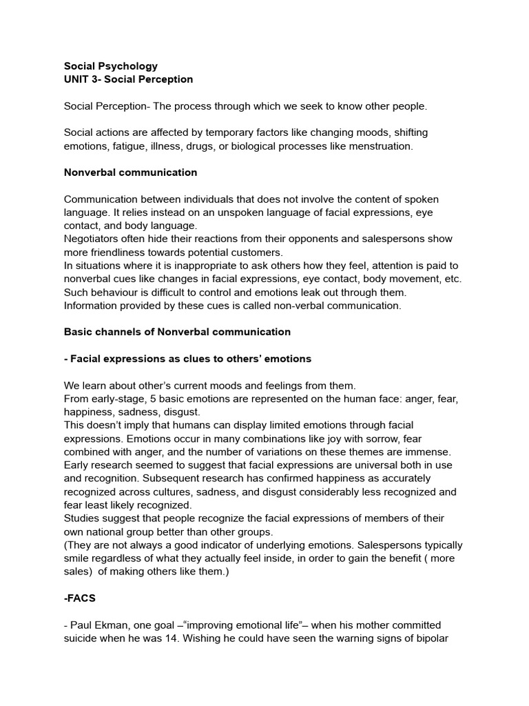 Social Psychology Unit 3 | PDF | Nonverbal Communication | Facial ...
