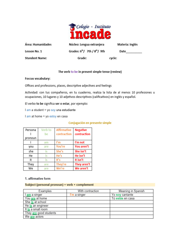 Present Simple "To Be" Lesson Plan | PDF | English Language | Verb