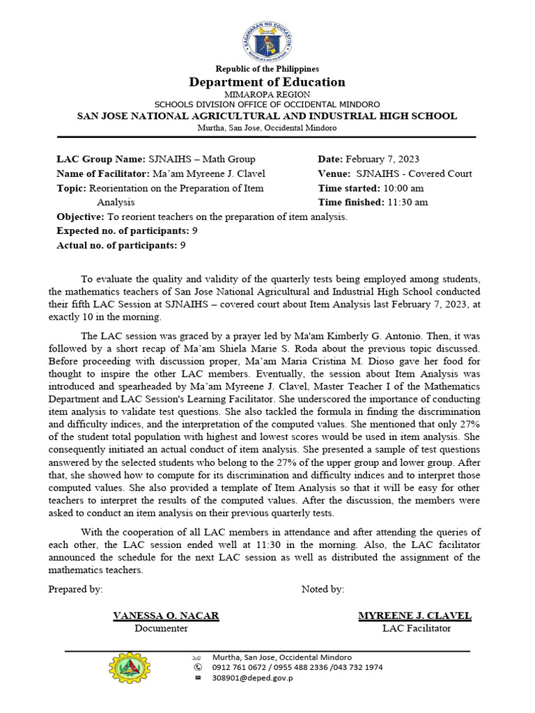 Narrative Report LAC Session 5 Item Analysis | PDF