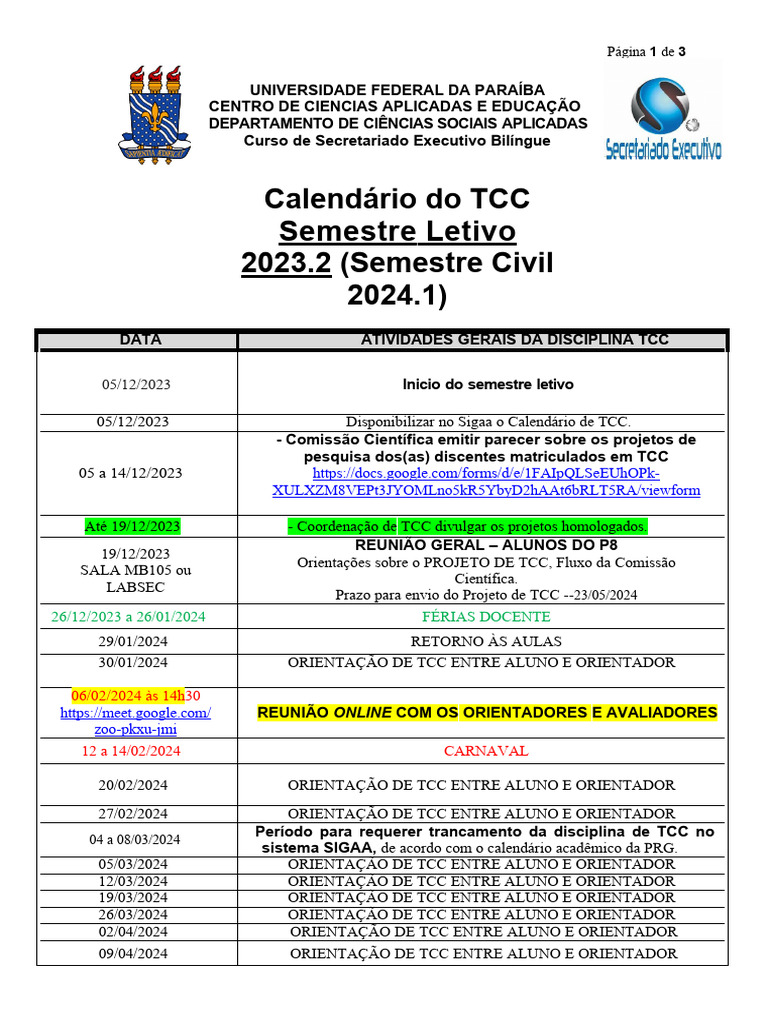 Calendrio de TCC - 2023.2 2024.1 | PDF