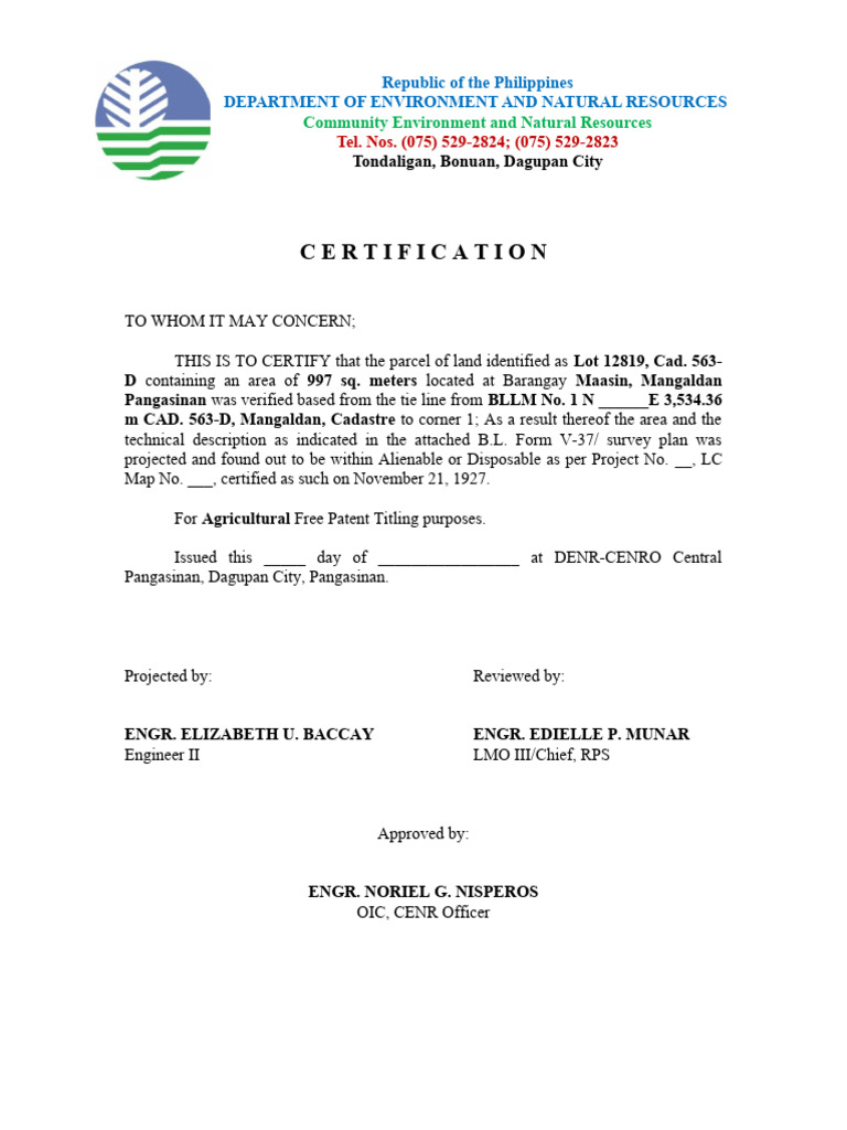 Certification of Land for Patent Titling | PDF