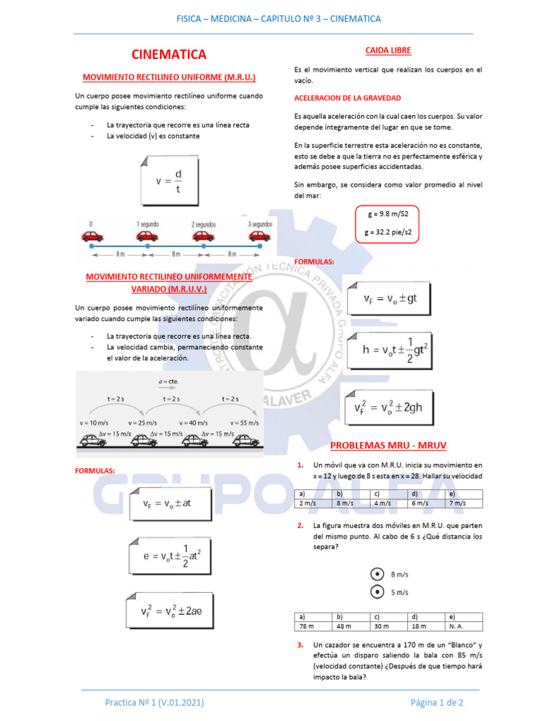 Formulario Practica CINEMATICA - Final | PDF