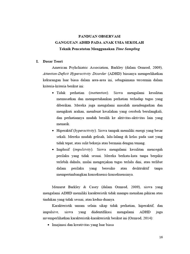 Observasi ADHD Anak: Teknik Time Sampling | PDF | Pengembangan Diri