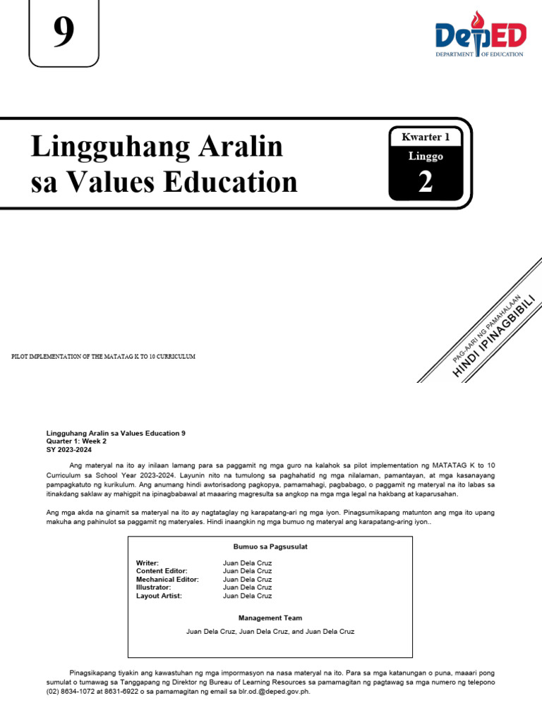 Lingguhang Aralin Sa Values Education: Linggo | PDF
