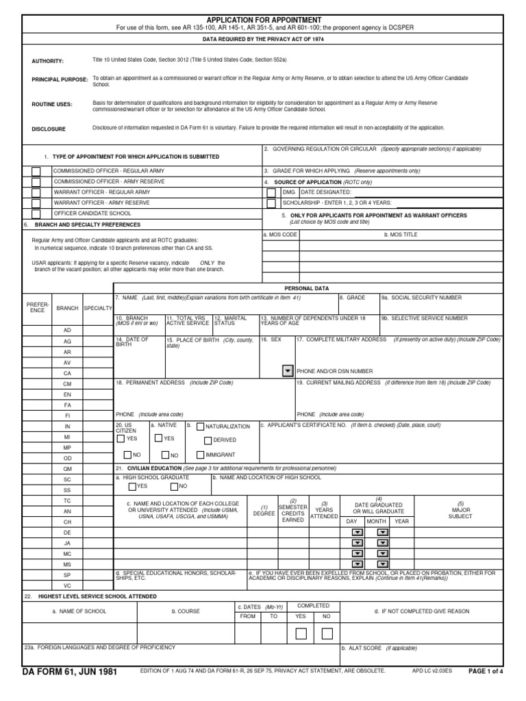DA Form 61 Application for Army Appointment | PDF | Officer (Armed ...