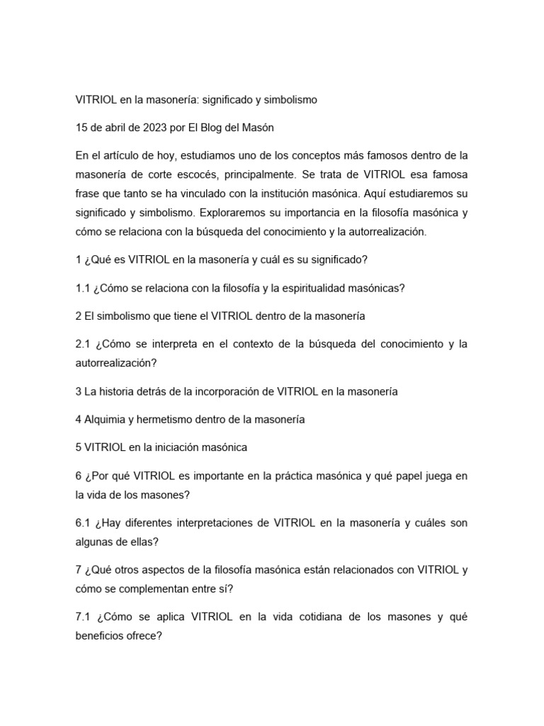 Significado de VITRIOL en Masonería | PDF | Alquimia | Masonería
