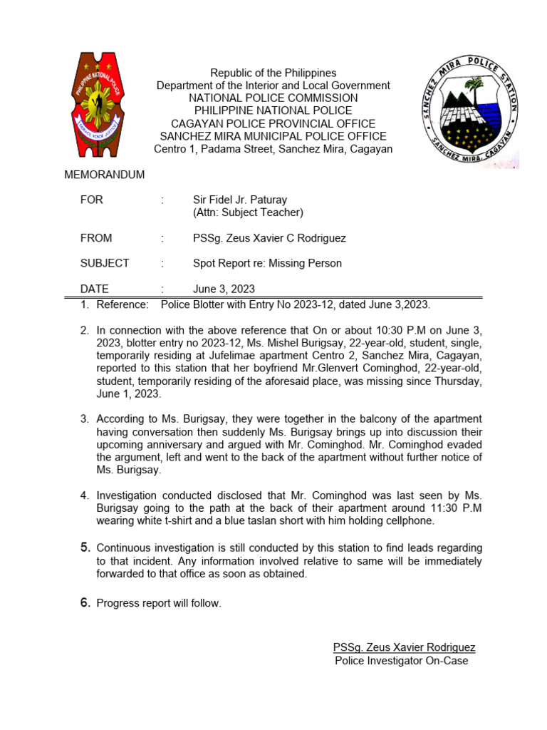 Spot Report: Missing Person Case | PDF | Social Science | Law