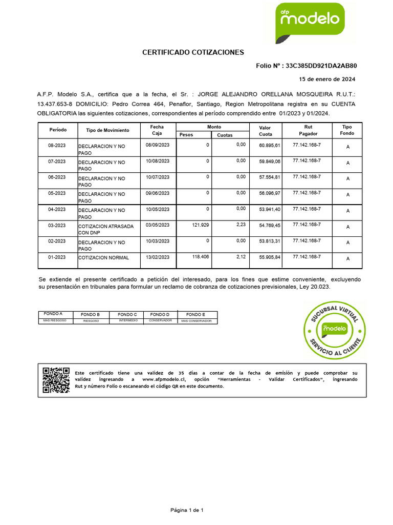 Certificado de Cotizaciones AFP 2023-2024 | PDF