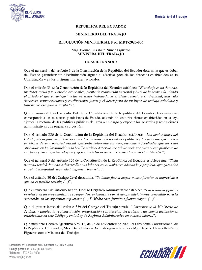 RESOLUCIÓN MINISTERIAL Nro. MDT-2023-056-signed-1 VMT | PDF | Estado (política) | Ecuador