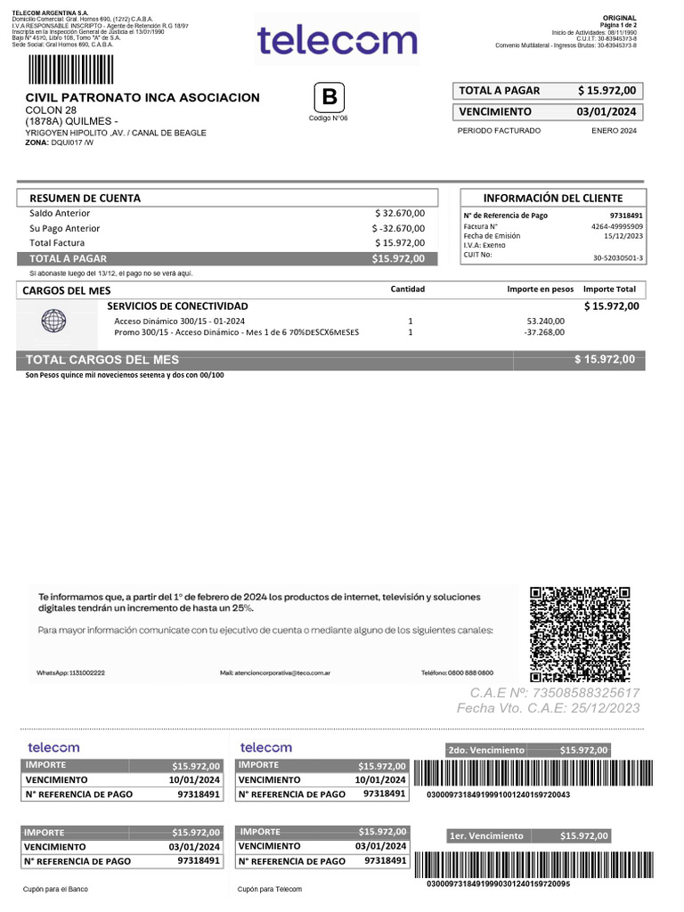 Factura Telecom Argentina Enero 2024 | PDF