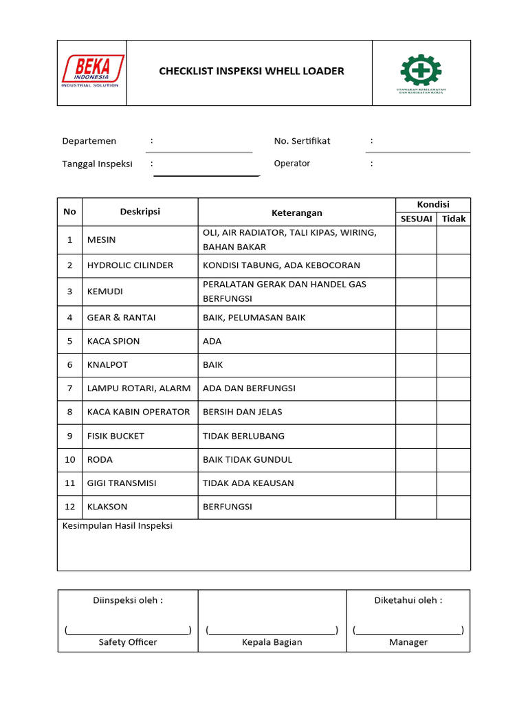 Form Check List Inspeksi Wheel Loader | PDF