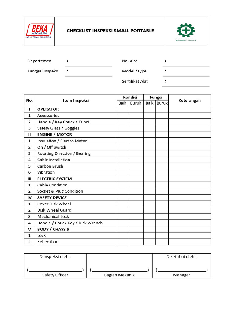Form Check List Inspeksi Small Portable Electric Tools | PDF ...