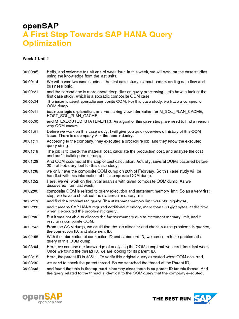 OpenSAP Hanasql1 Week 4 Transcript | PDF | Computer Programming | Databases OpenSAP Hanasql1 Week 4 Transcript | PDF | Computer Programming | Databases