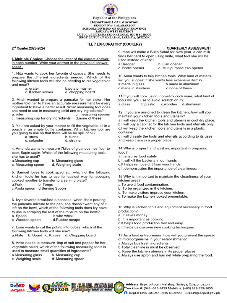 G7 Second Quarterly Exam COOKERY | PDF | Kitchen Utensil | Baking