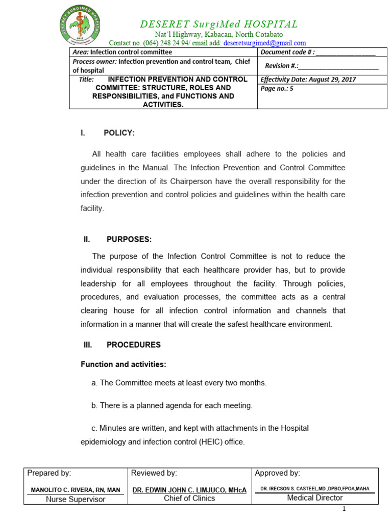 Policies Infection Control Committee Roles And Responsibilities Pdf