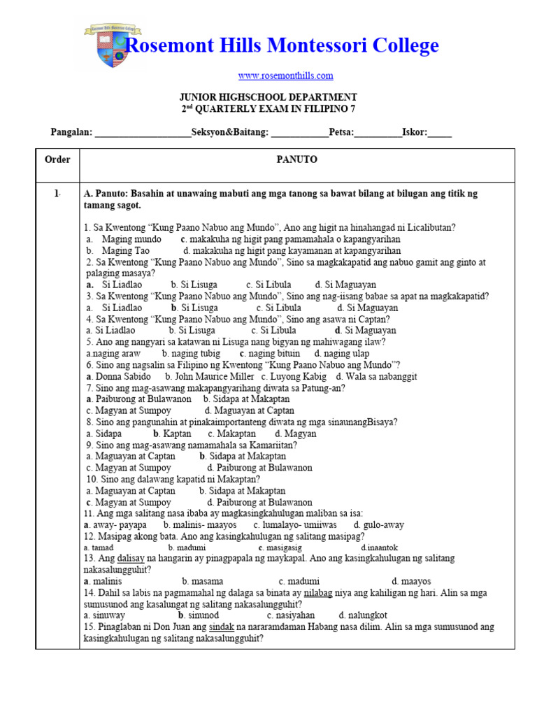 FIL 7 2nd Quarterly Exam 2024 | PDF