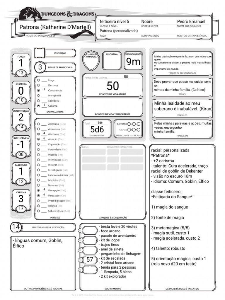 Ficha Oficial D&D 5E Editável | PDF | Poderes mitológicos | Características ou habilidades sobre ...