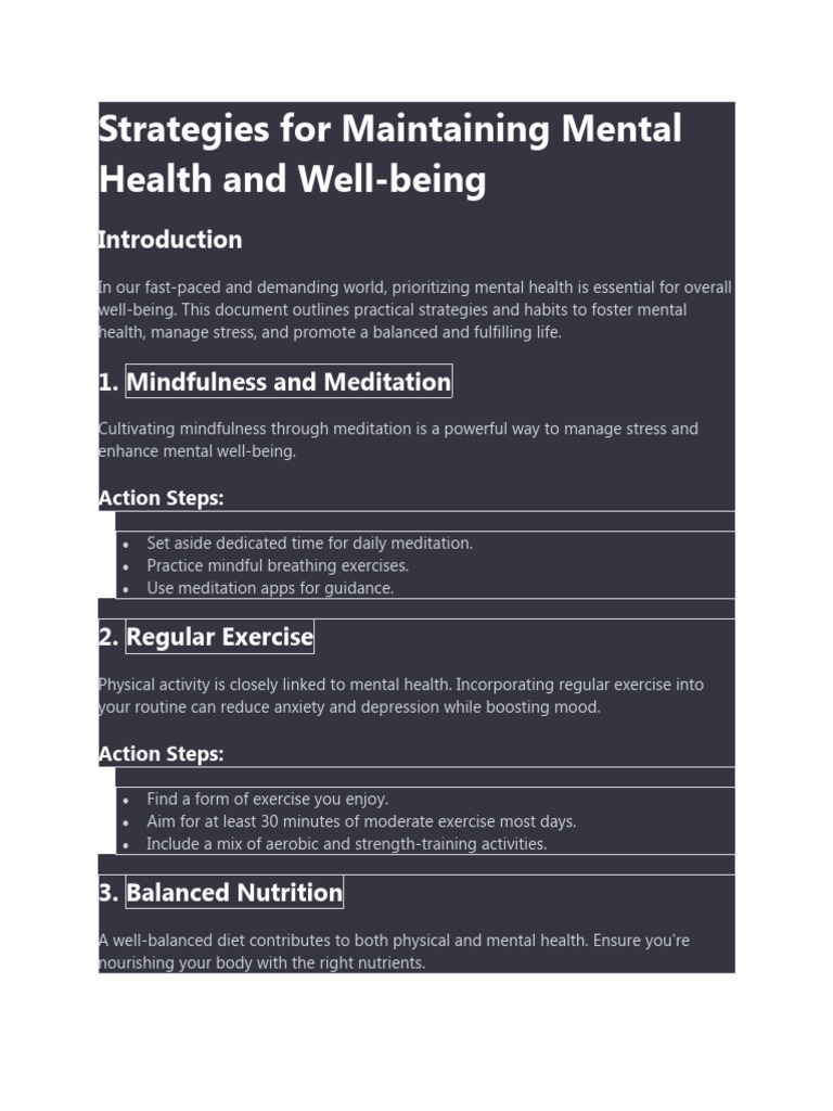 Strategies for Maintaining Mental Health and Well | PDF | Mental Health | Meditation