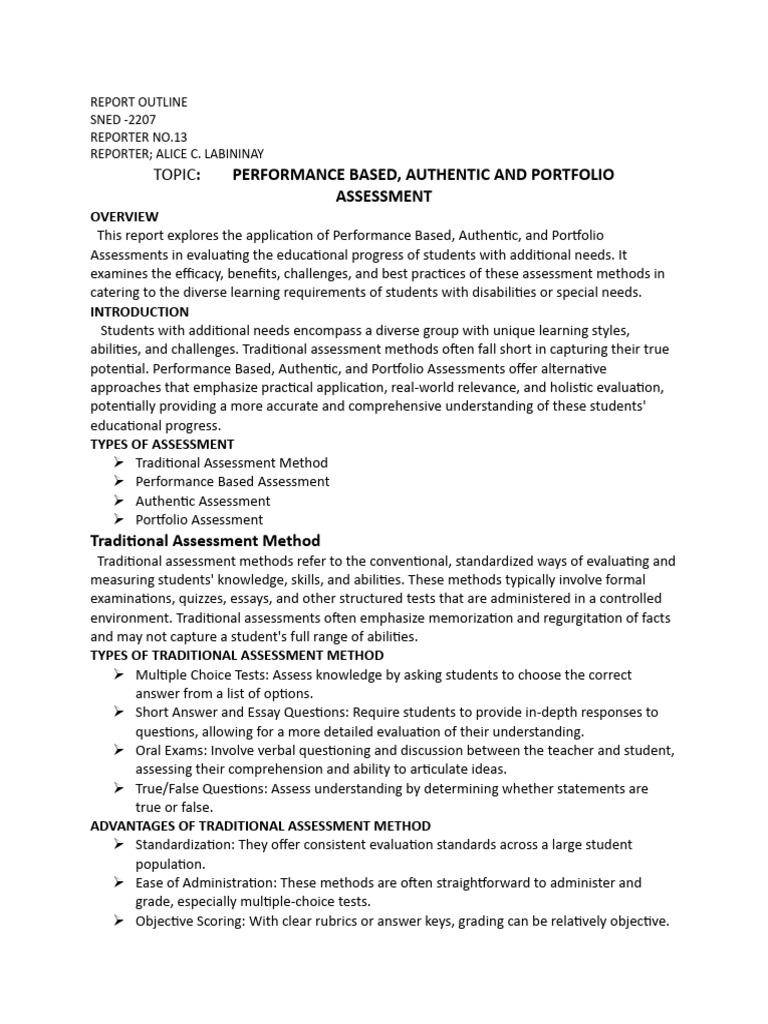Report Outline Sned 2207 Performance Based Authentic Portfolio Assessment | PDF | Educational ...
