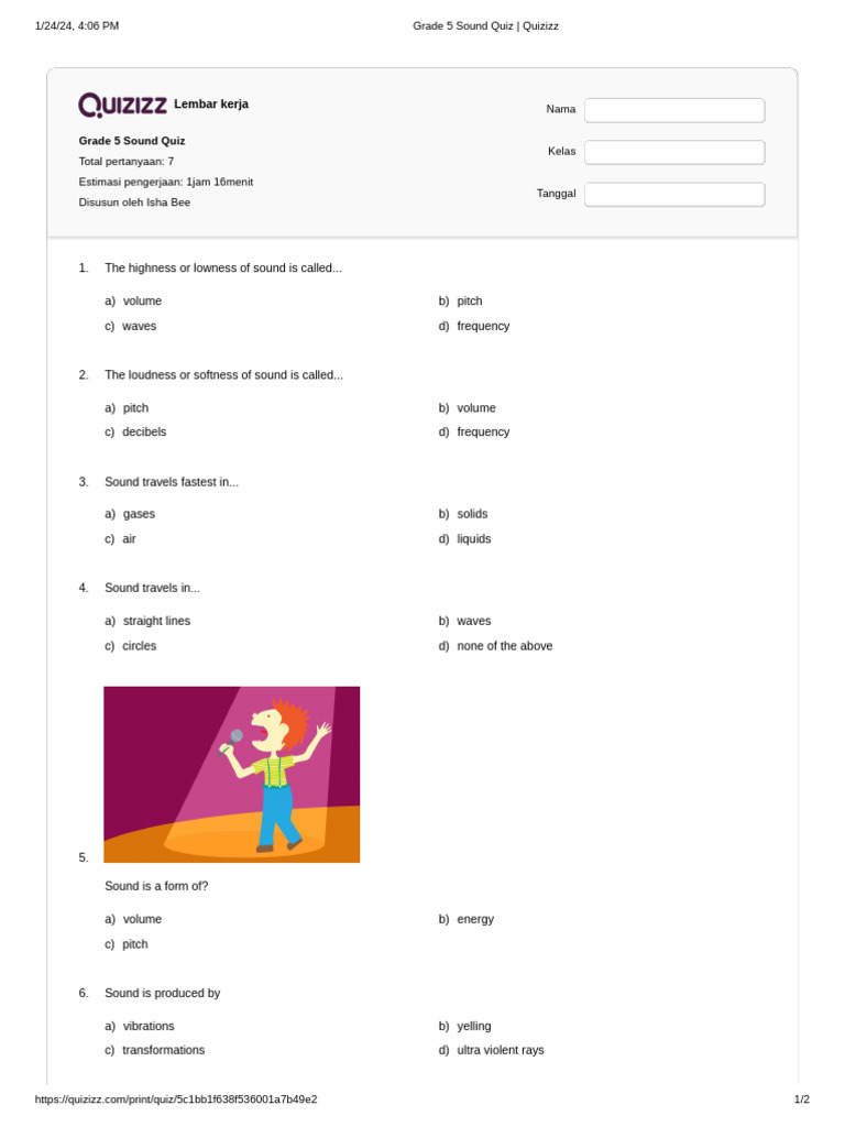 Grade 5 Sound Quiz - Quizizz | PDF