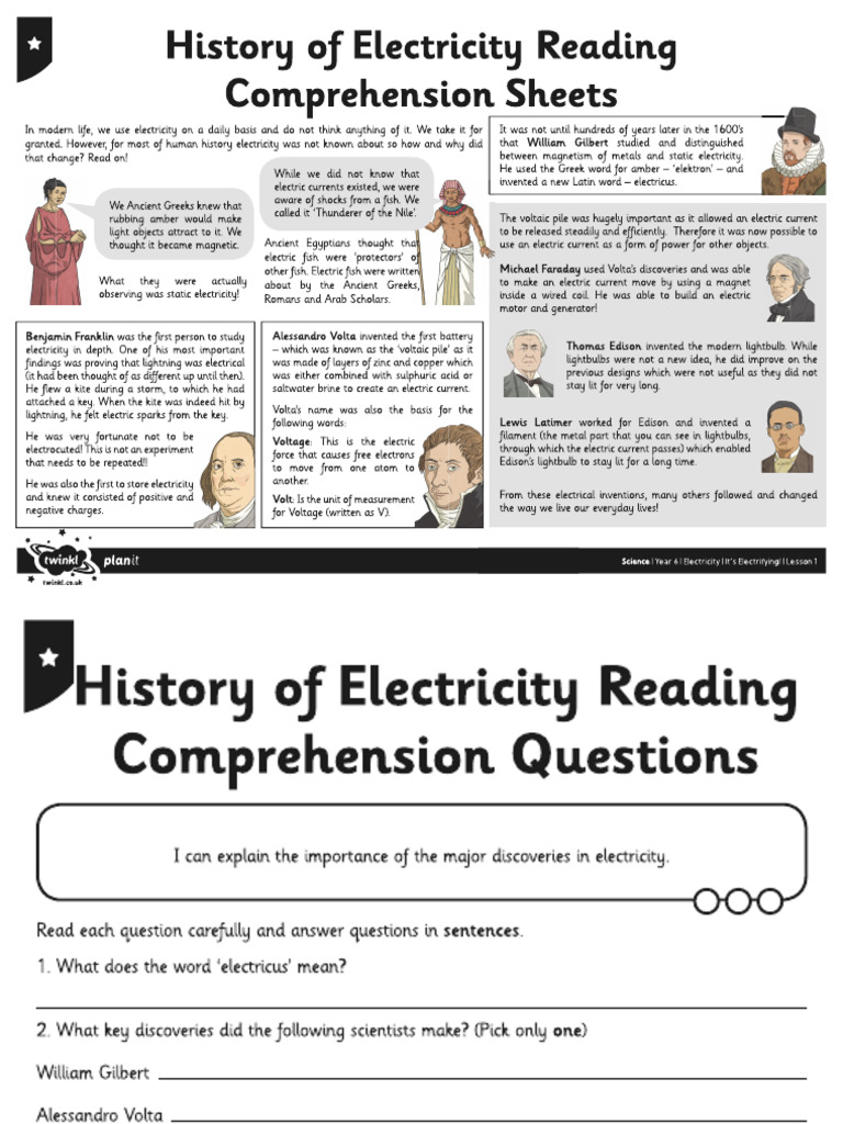 History of Electricity Comprehension Sheet 1 | PDF