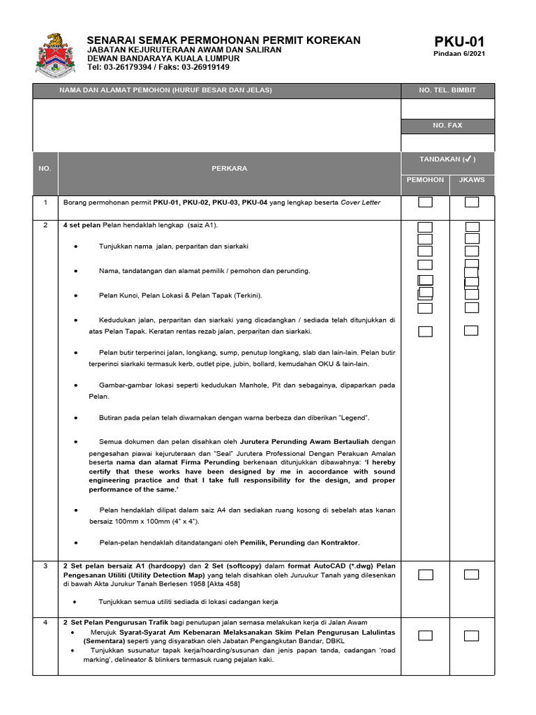 2 PKU 01 Senarai Semak Permohonan Permit Korekan | PDF
