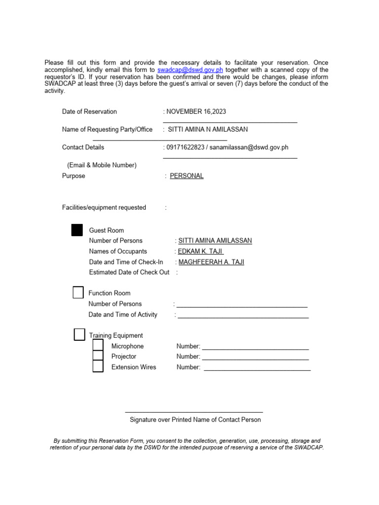 SWADCAP Reservation Form | PDF | Career & Growth | Business