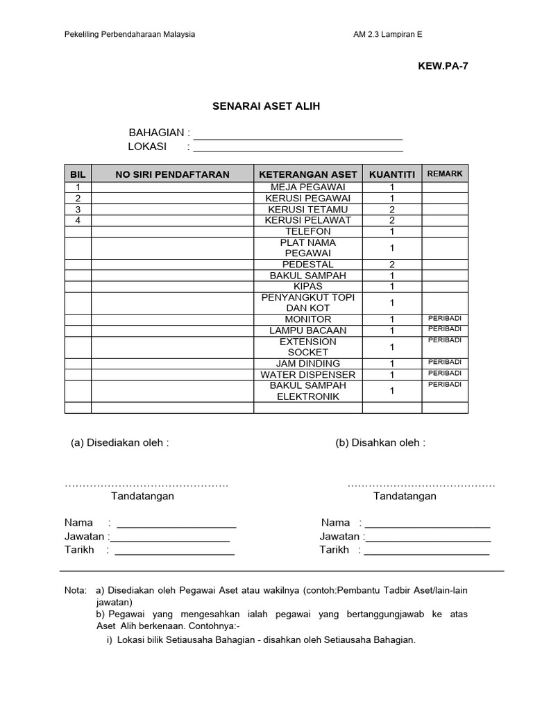 Kew - Pa-7 Borang Senarai Aset Alih | PDF