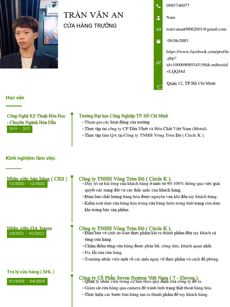 Cv Ứng Tuyển Vị Trí Cửa Hàng Trưởng - Trần Văn An | PDF