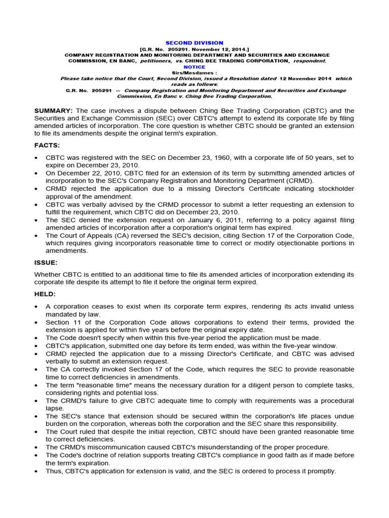 SUMMARY: The Case Involves A Dispute Between Ching Bee Trading ...