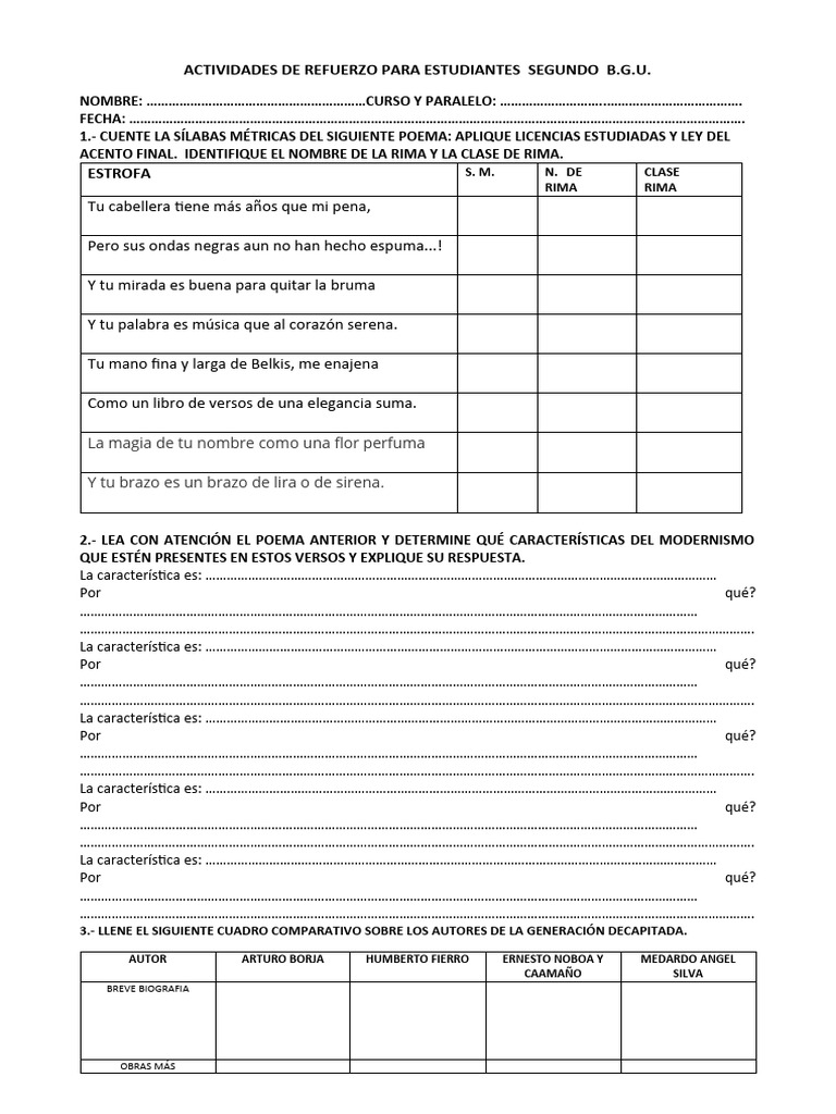 Actividades de Refuerzo para Estudiantes Segundo B.G.U. 2024 | PDF | Poesía