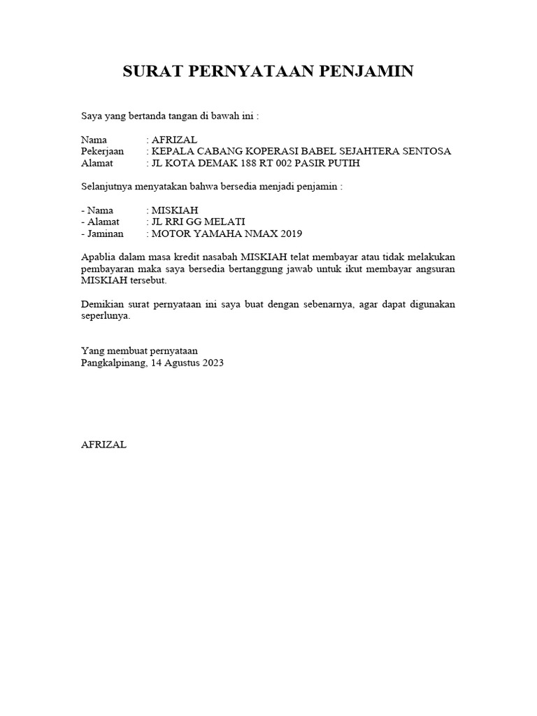 Surat Pernyataan Penjamin | PDF