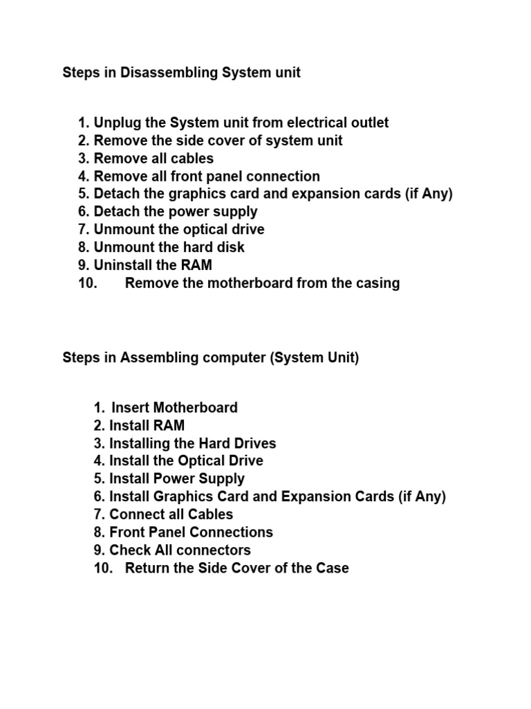 Steps In Disassembling And Assembling System Unit Pdf