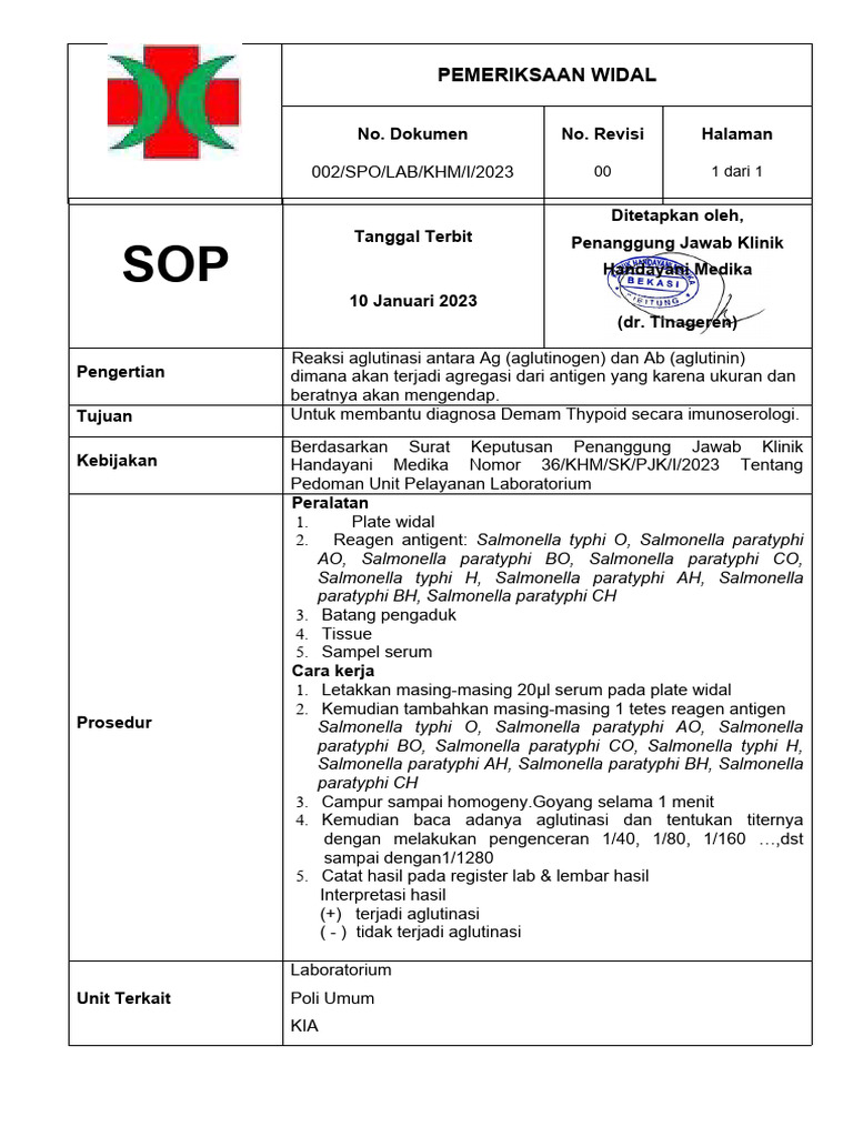 Sop Pemeriksaan Widal | PDF | Sains & Matematika