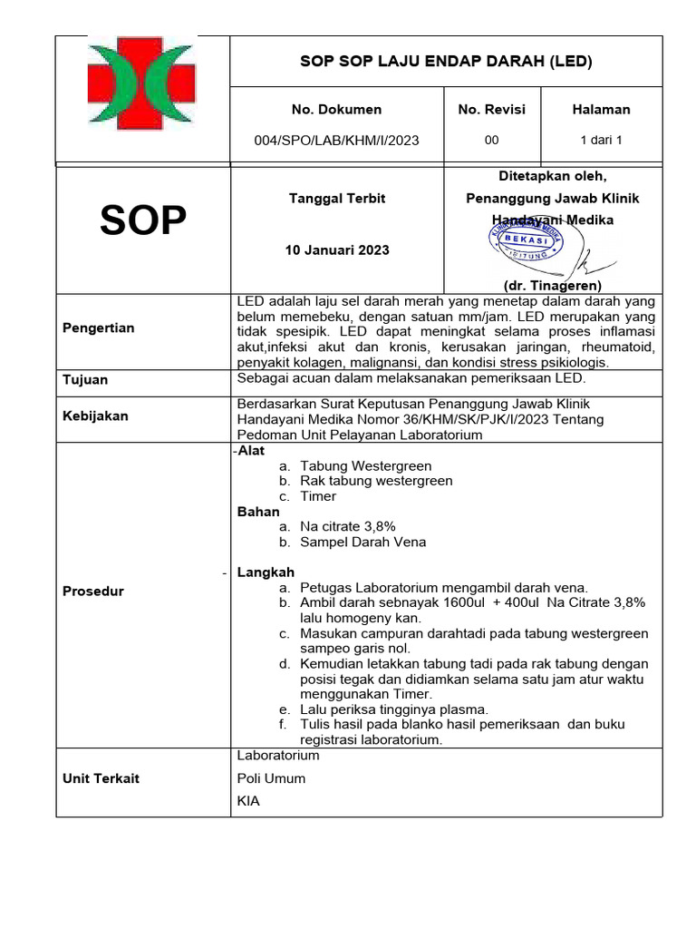 4.sop Sop Laju Endap Darah (Led) | PDF | Sains & Matematika