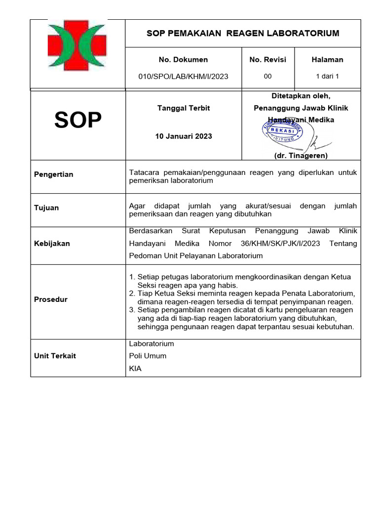 SOP Penyimpanan Reagen Laboratorium | PDF